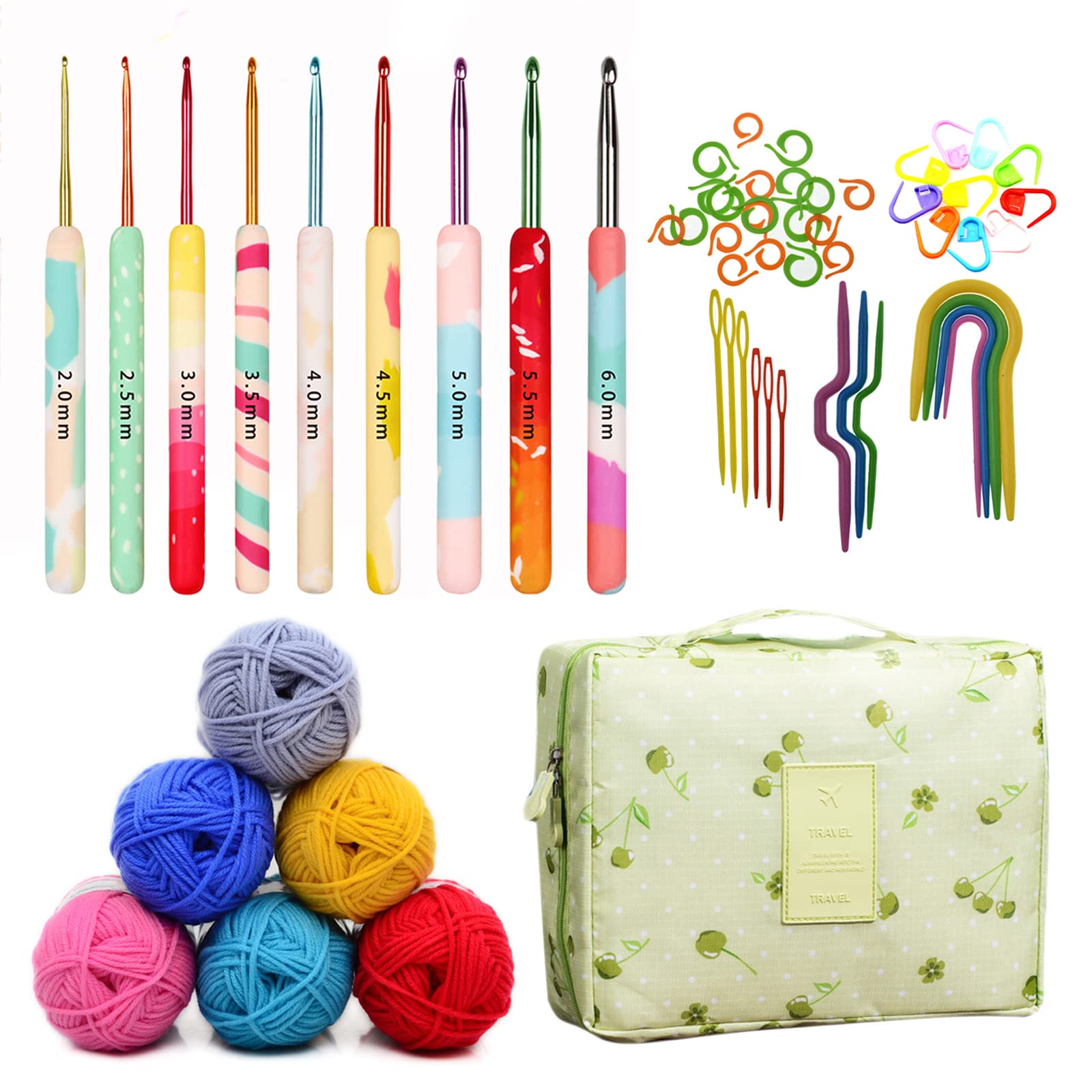 Katech 69 pcs Yarn Crochet Hooks Kit DIY Yarn Weaving Tools Ergonomic Crochet Hook Needles with 6 pcs Random Colors Yarn Balls Skeins for Crochet Lovers (Light Color)