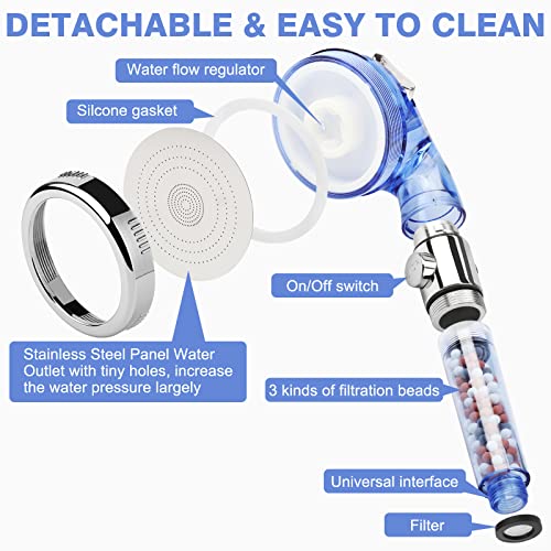 Shower Head with Hose, HBESTIE Filtration Hand Shower, Jetting Filter Shower Sprayer, High Pressure 3 Modes, Purifying Filtration Mineral Stone Beads, Water Saving Handheld Supercharged Showerhead