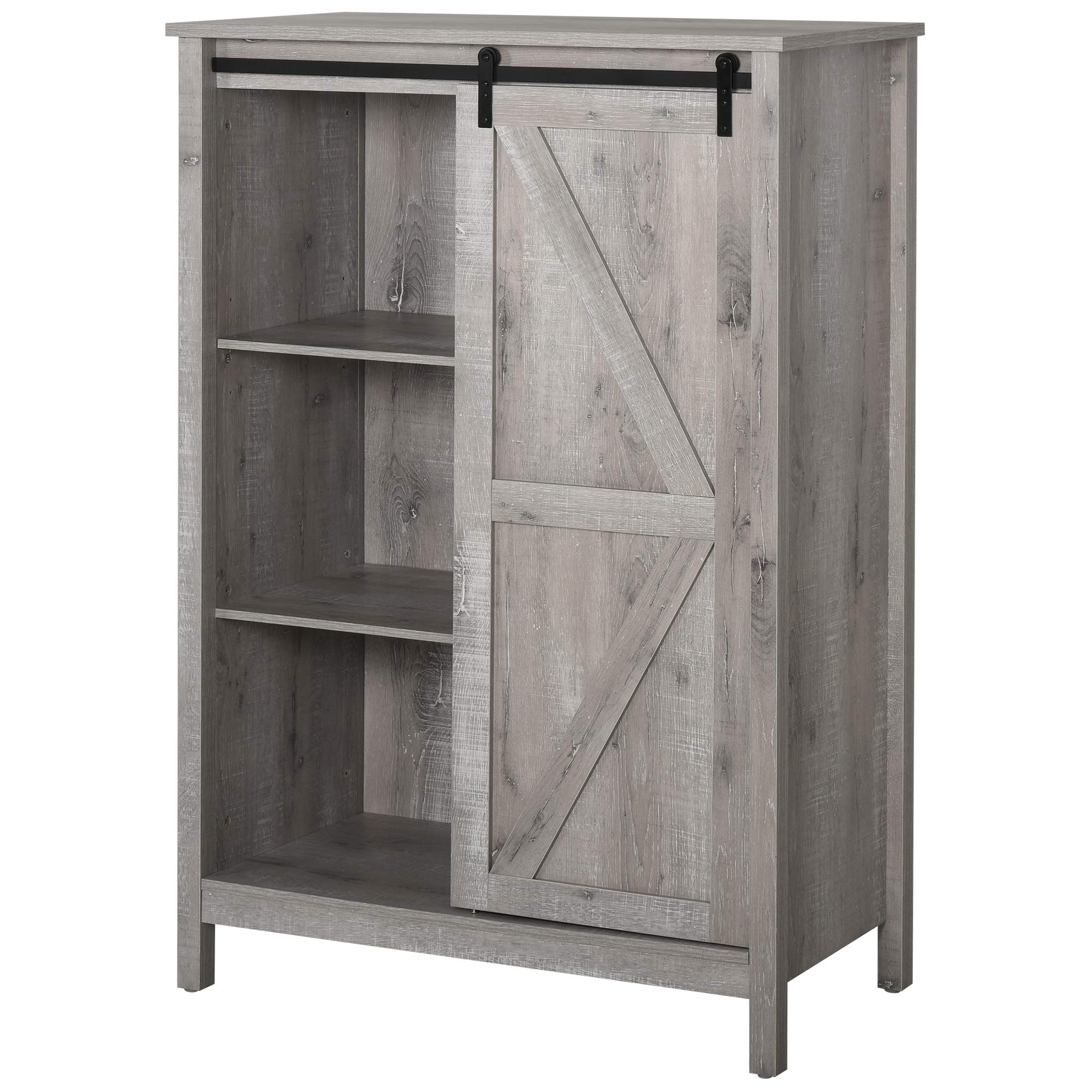 HOMCOM Farmhouse Accent Cabinet, Kitchen Cupboard Storage Cabinet with Barn Door and Adjustable Shelf, Gray Oak