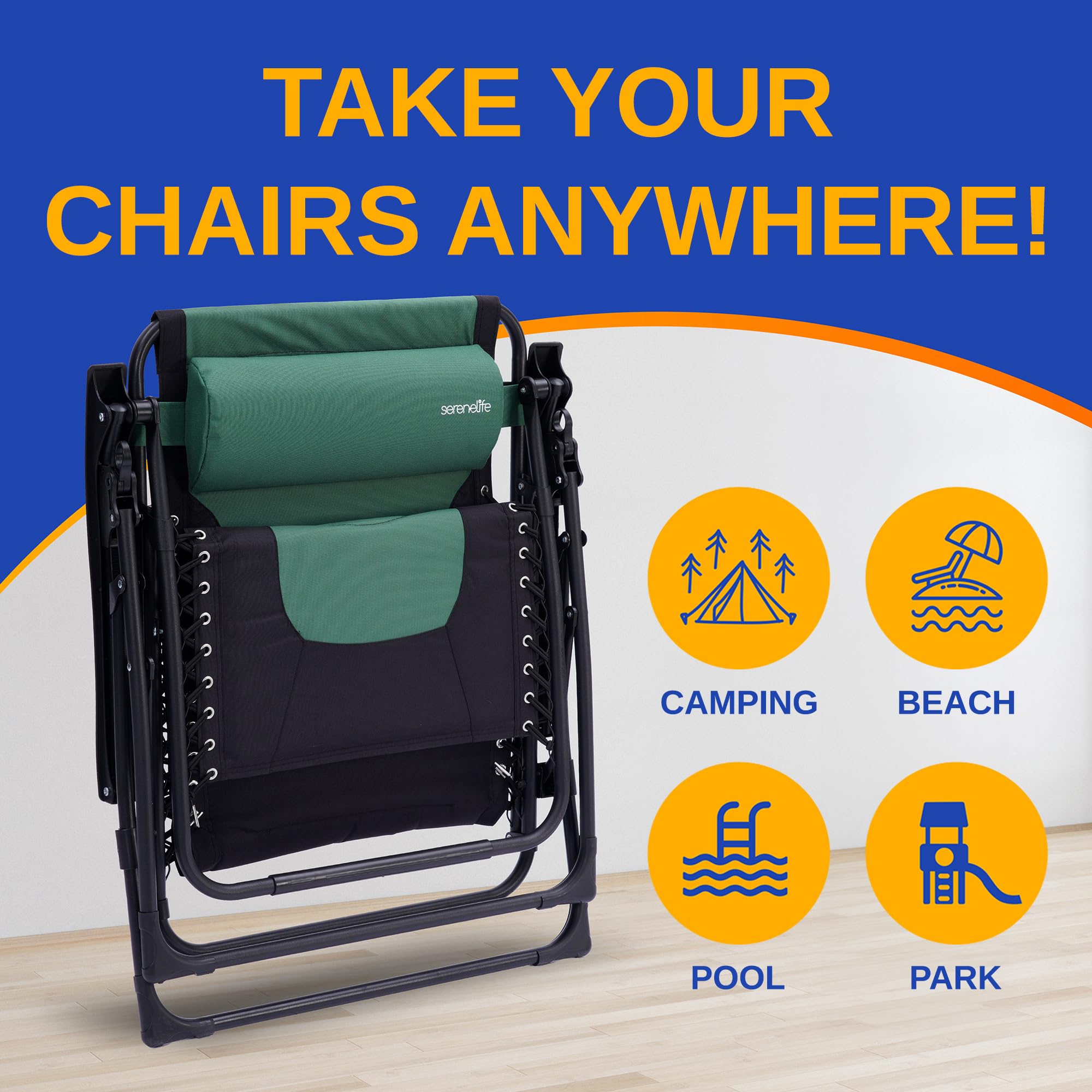 SereneLife SL1ZGRCP36.5 Outdoor Foldable Padded Zero Gravity Lawn Chair-Adjustable Recliners with Plastic Cup Holder Side Table and Pillow (Green and Black)
