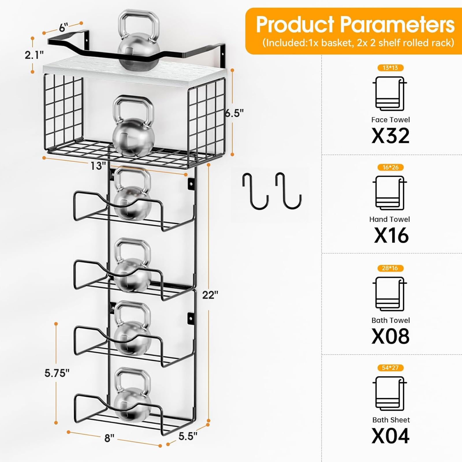 Towel Racks for Bathroom,Towel Rack Wall Mounted, 6 Tier Rolled Or Folded Towel Holder with Floating Shelves, Bathroom Towel Holder for Bath, Hand Towels,Metal,Full White