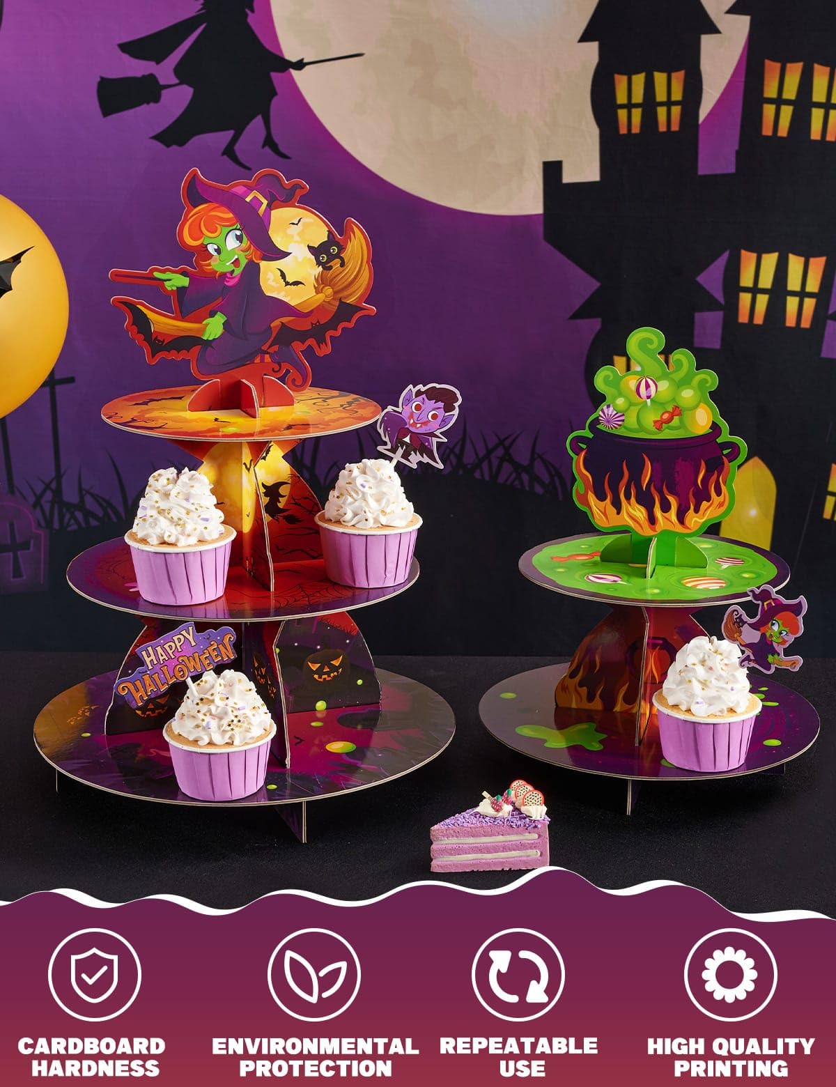 Halloween Cupcake Stand - 2 PCs Halloween Cake Stands Halloween Party Cupcake Decorations Disposable 3 Tier Tray Cake Decorations Kids Witch Halloween Birthday Dessert Tower Cupcake Display Stand