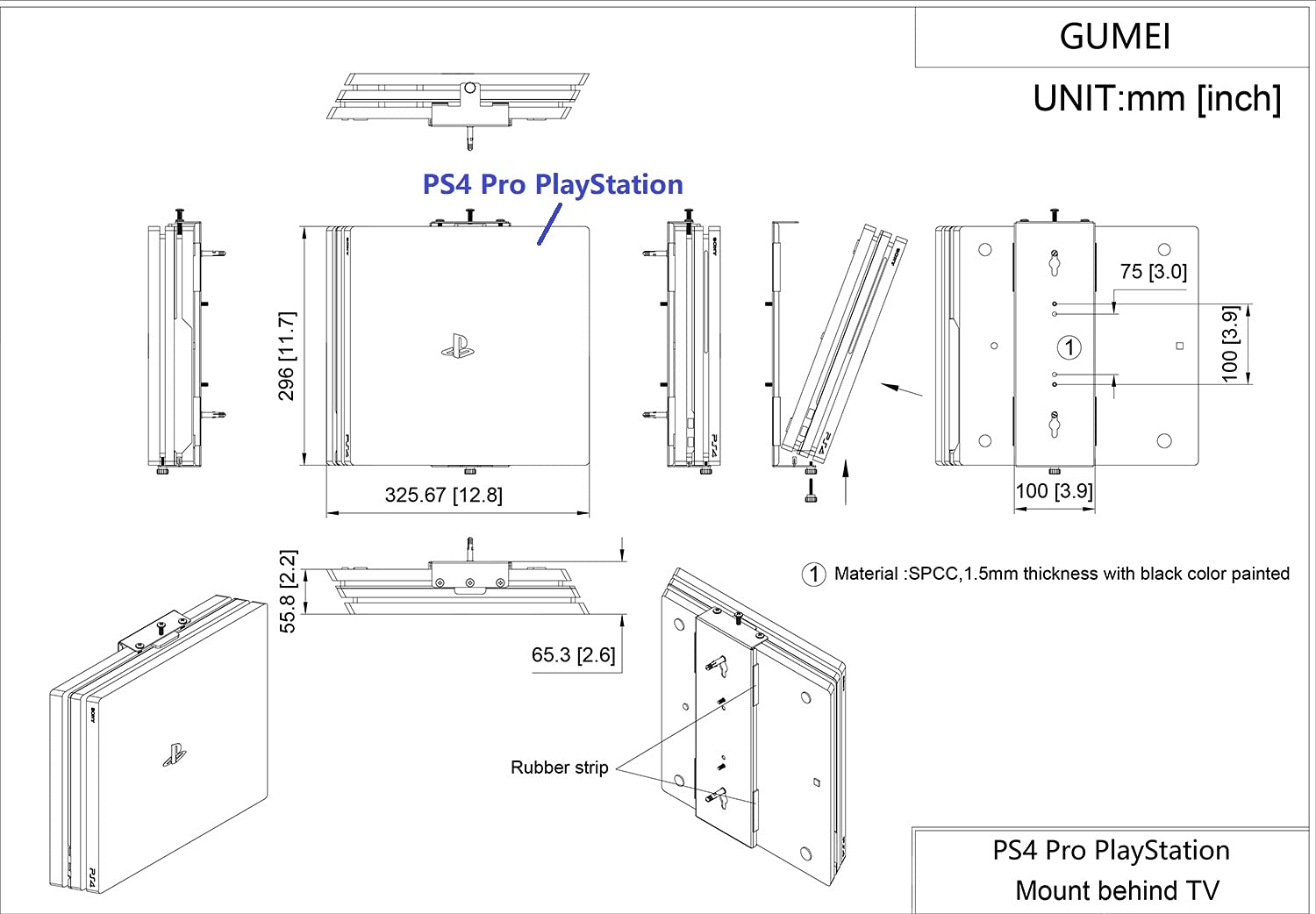 HQYing Wall Mount for Playstation 4 Pro, PS4 Pro, Mount Behind TV, on Wall and Under Desk, No Scratches, Metal Black