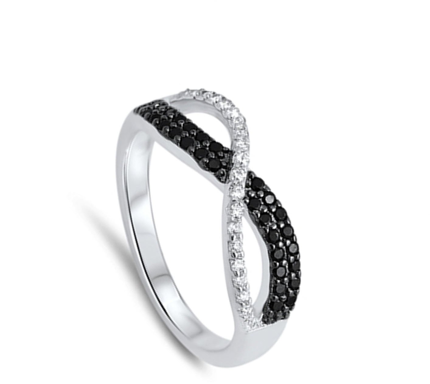 Infinity White Black Simulated CZ Forever Love Ring .925 Sterling Silver Band Size 9