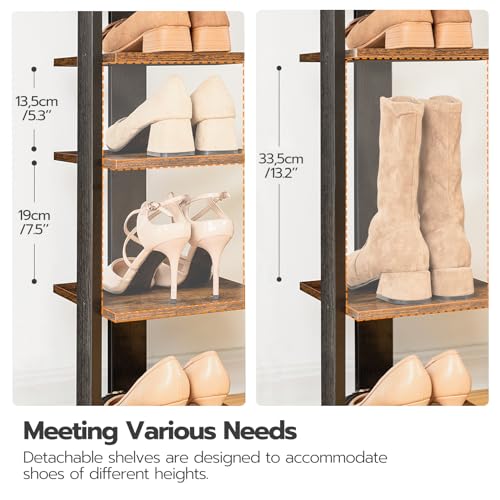 HOOBRO Vertical Shoe Rack, 9 Tier Shoe Storage Organizer with Hooks, Narrow Shoe Rack for 9 Pairs, Space Saving, Stable and Strong, for Entryway, Closet, Bedroom, Rustic Brown BF81XJ01