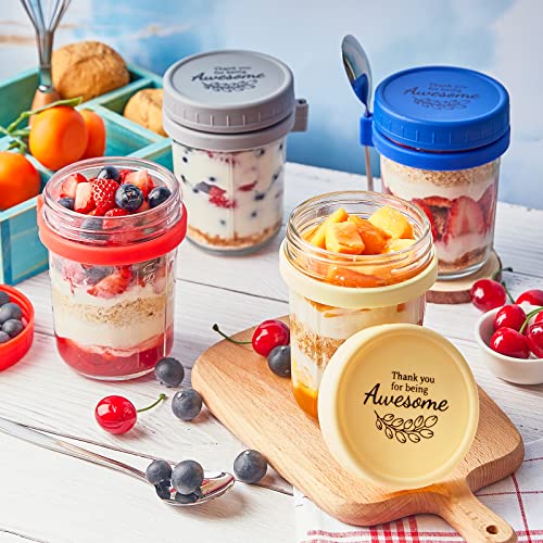 ZORRITA 4 Pack Overnight Oats Containers with Lids and Spoons, 12 oz To Go Oatmeal Container with Measurement Marks Glass Mason Jars with Lid for Yogurt Cereal Fruit Salad Parfait On The Go