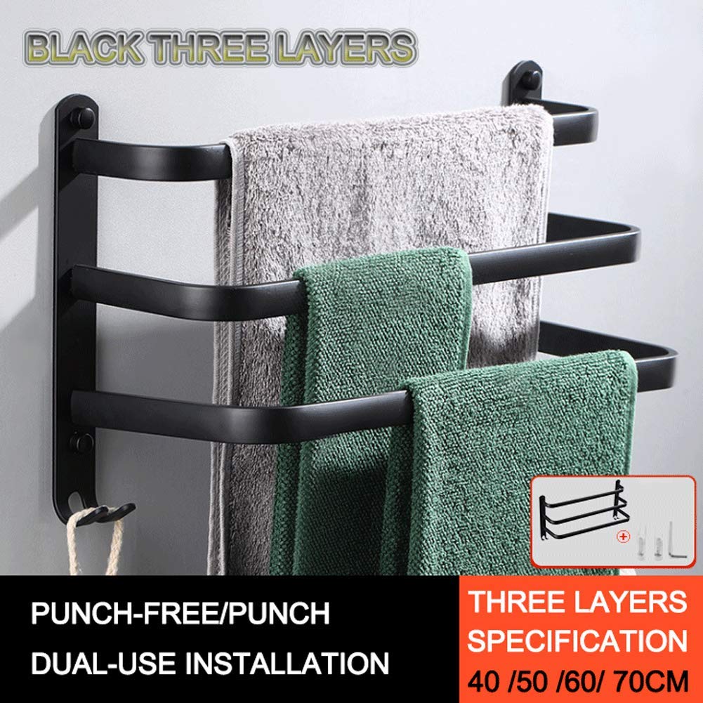 TowelTowel Rack Bathroom Black Bars Wall Mounted Multi-Layer Adhesive Towel Rack with Double Hook for Kitchen Bath Balcony Shoe Rack/Tea Towel Holder 3 Layers50CM