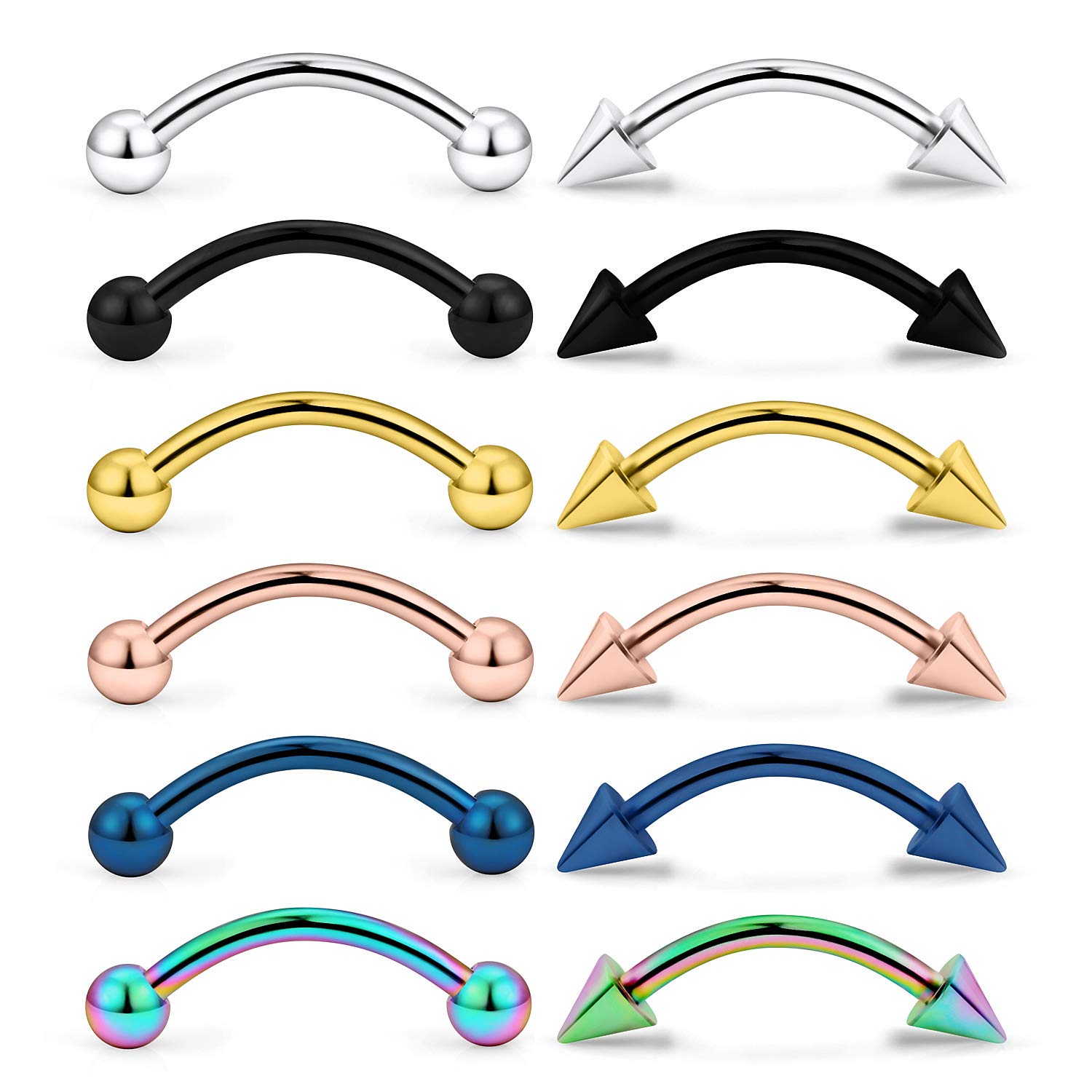 Hoeudjo Eyebrow Ring 16G Surgical Steel Curved Barbell Ball Kit Tragus Studs Daith Rook Ring Body Piercing Jewelry for Women Men 12Pcs 8mm with Ball Spike Color Silver Rose Gold Black