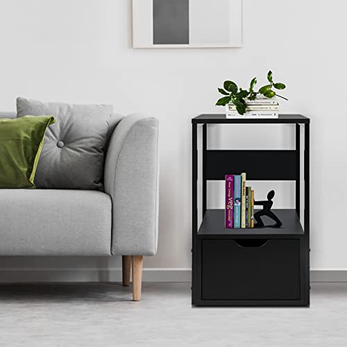 YUSING Nightstand Set of 2, Side Table with Drawer and Storage Shelf, 3-Tier End Table Bedside Table for Bedroom, Living Room, Sofa, Couch, Hall (Black)