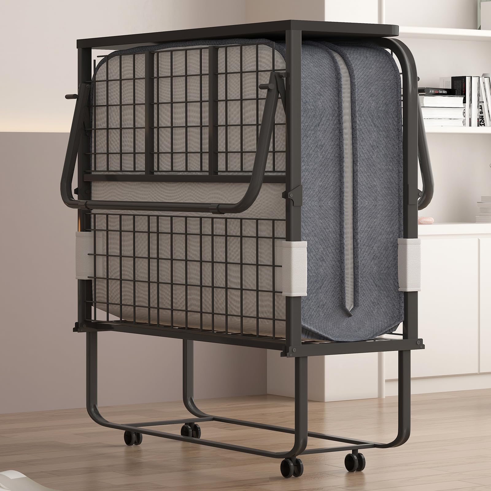 Horgaeo Folding Bed with 5 Inch Mattress Twin Size Portable Foldable Guest Bed with Headboard for Adults, Fold Up Rollaway Bed with Metal Frame and Dust Cover, Space Saving, 75 x 31