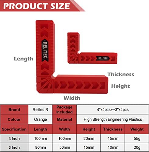 Relitec R 90 Degree Corner Clamp Clamping Squares Woodworking Tools Positioning Squares Right Angle Clamp Wood Clamps for Gluing Cabinets Picture Frames or Drawers Set of 8(3" 4")