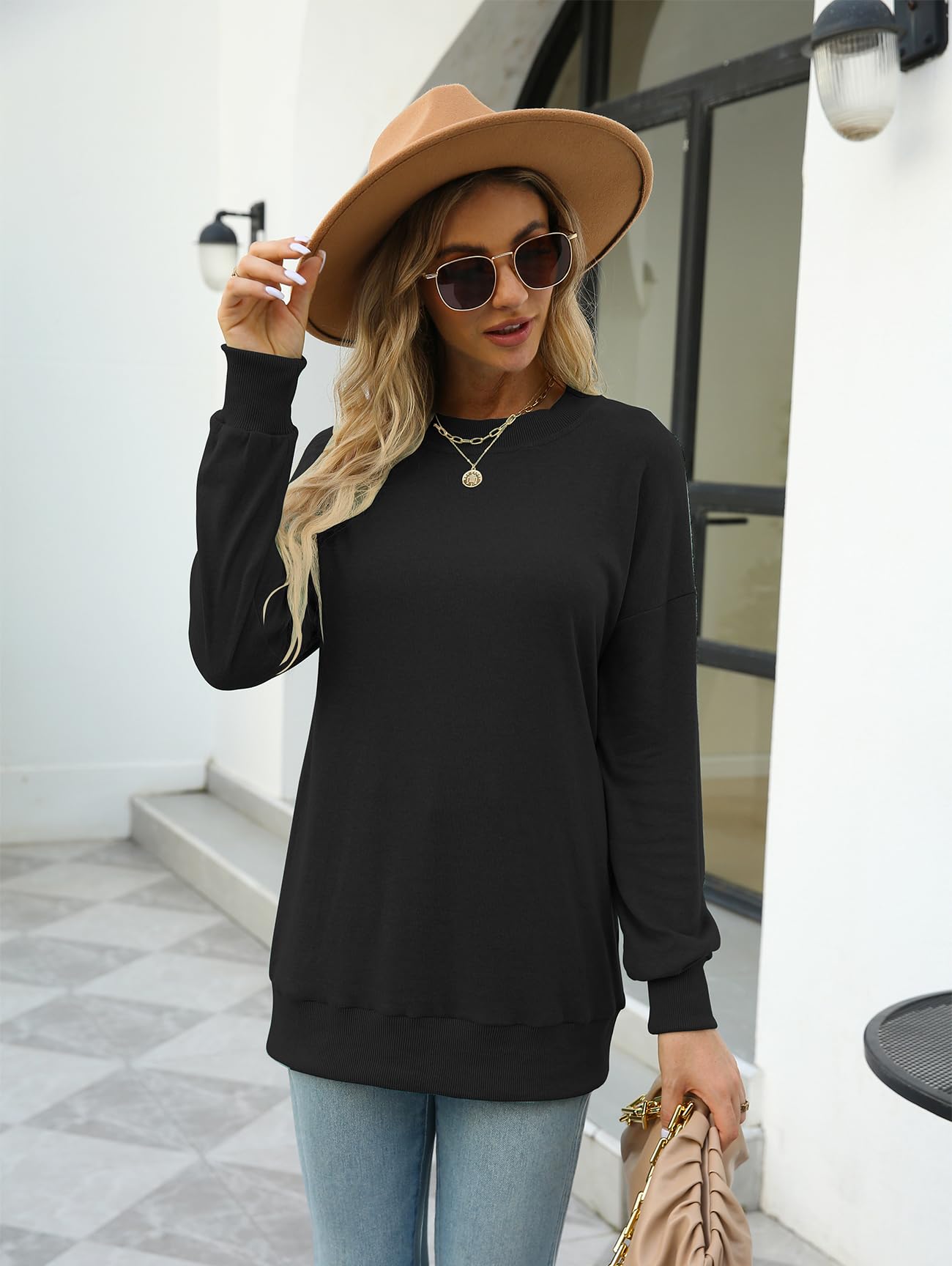 Hount Long Sleeve Shirts for Women Casual Pullover Sweatshirts Loose Fall Tunic Tops Blouses (X Large, Brown)