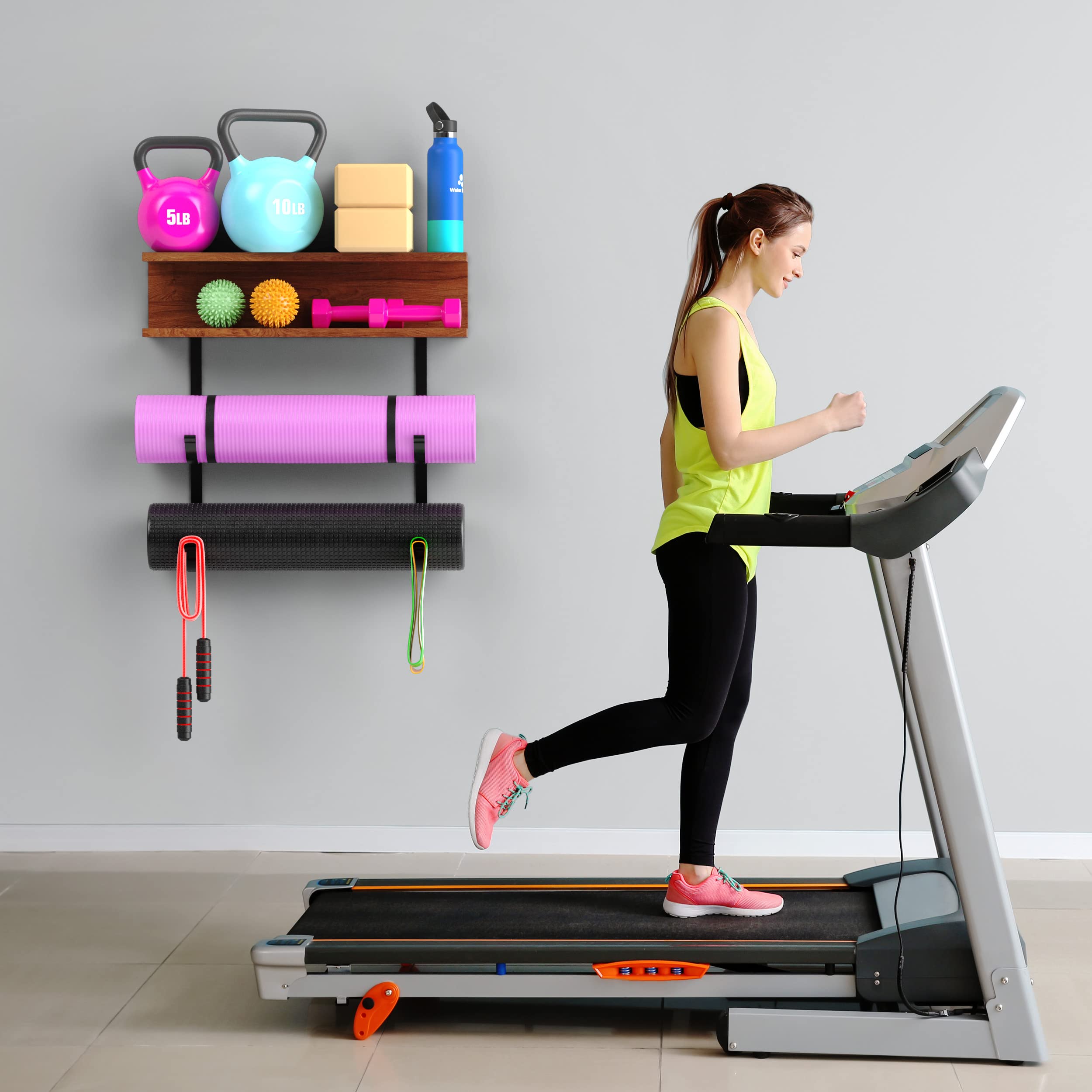 Houseables Yoga Mat Holder, Wall Mounted Organizer w/Shelf and Hooks, 23.5” x 6.75” x 5.5”, Brown, Black, Wood, Metal, Foam Roller Hanging Rack, Workout Accessories Storage, Home Gym Exercise Mount