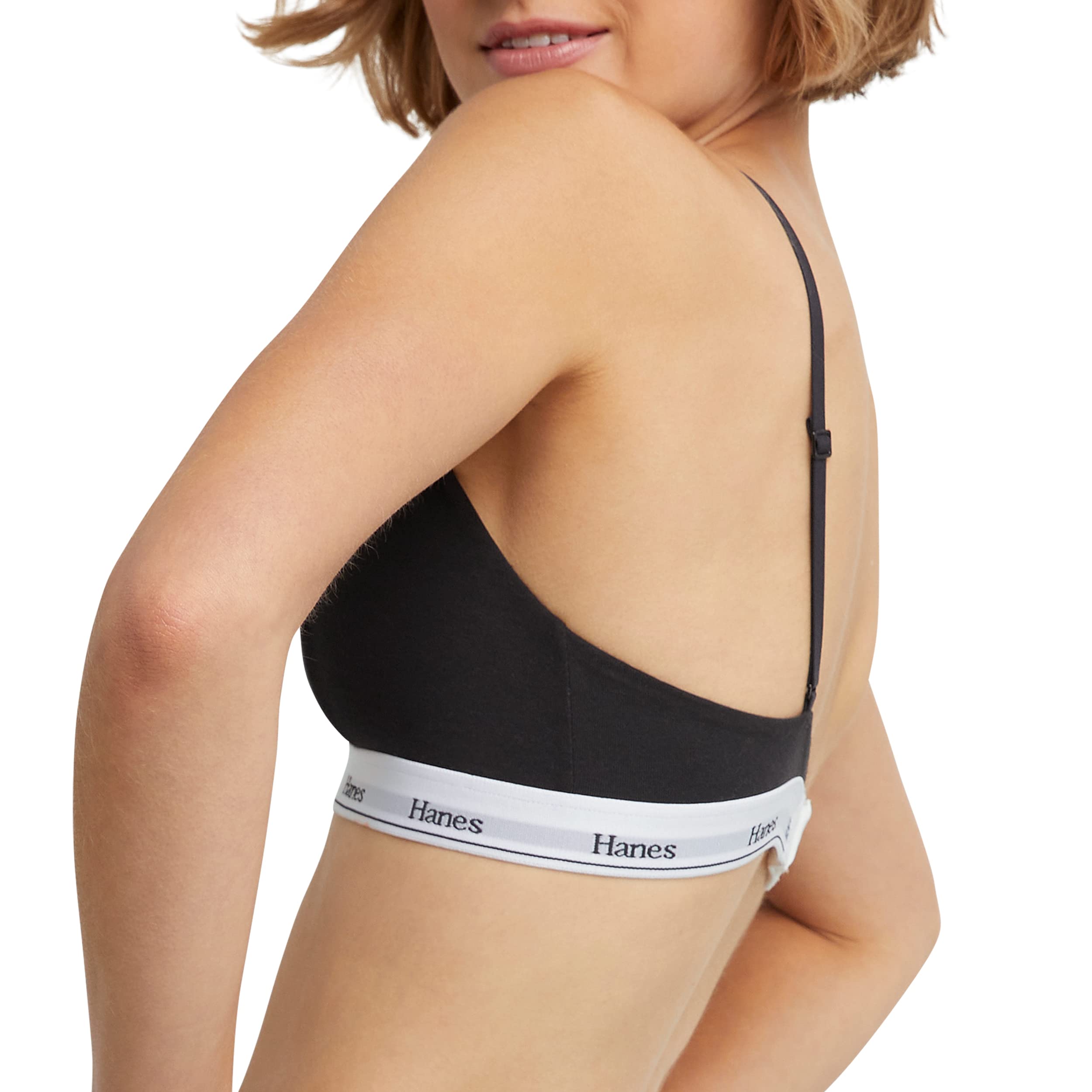 Hanes Women's Originals Triangle Bralette Pack, Breathable Stretch Cotton Bras, 2-Pack, Black/Deep Glow, Large