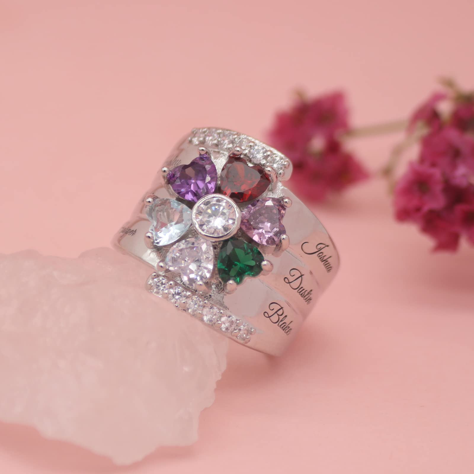 Laleonpame Mothers Ring Personalized Birthstones and Names Family Ring with 6 Heart Simulated Stone from Daughter Son