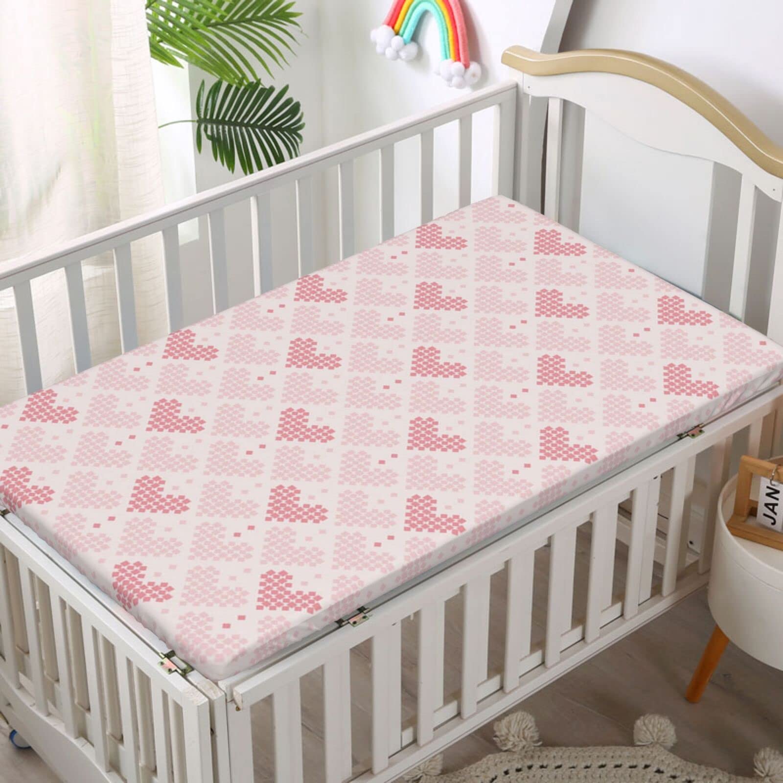 Valentine's Day Themed Fitted Mini Crib Sheets,Portable Mini Crib Sheets Soft and Breathable Bed Sheets-Great for Boy or Girl Room or Nursery,24“ x38“,Pastel Pink and Rose