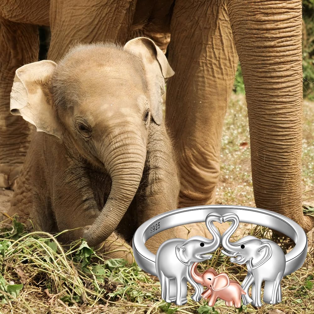 Jewlikee Elephant Ring Family Ring Sterling Silver Dad Mom Elephant Rings for Women Mama Elephants Gifts Size 9