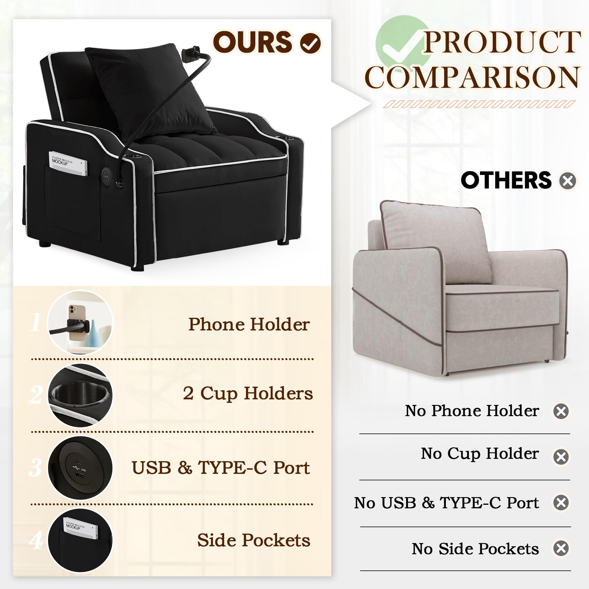 YASHFU 3 in 1 Sleeper Sofa Couch Bed, Velvet Convertible Loveseat Sleeper Sofa with USB Port and Ashtray & Swivel Phone Stand, Storage Pockets, Pull Out Loveseat Sleeper for Living Room(Grey)