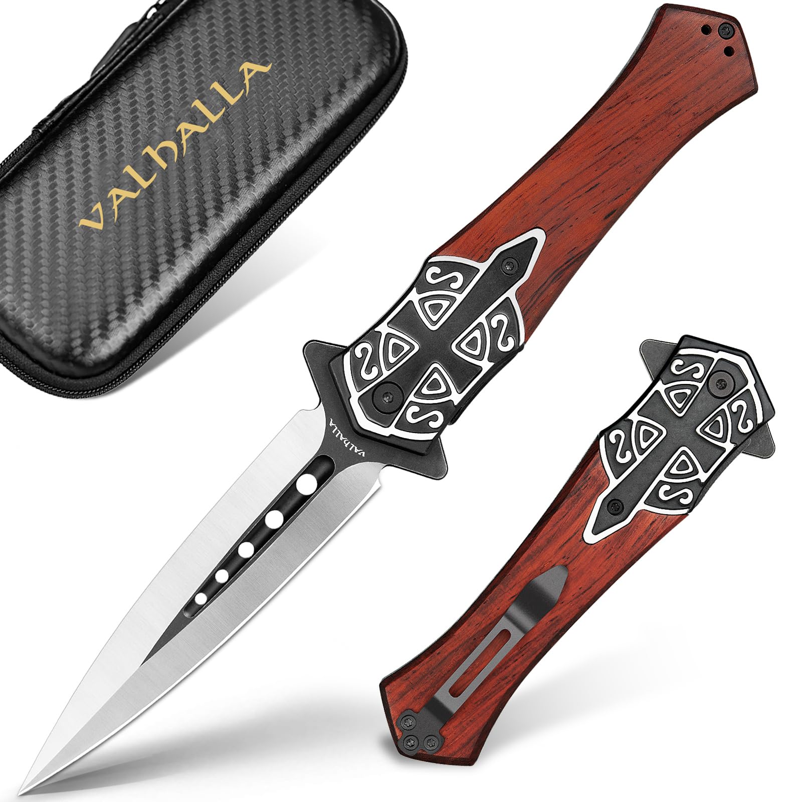 VALHALLA PASTOR 2 Pocket Knife, 3.7'' D2 Steel Cool knives, 3D Retro Embossed Folding Knife with Wooden Inlay, Pocket Knife For Men, Liner Lock, Gift for men women
