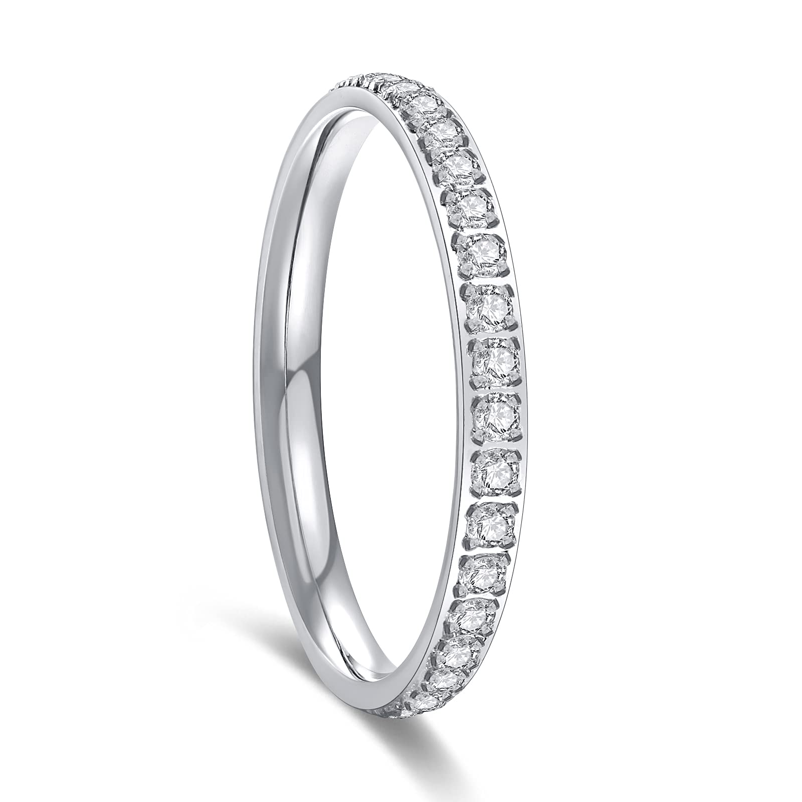 KAZITSAN 2mm Silver Stainless Steel Eternity Rings for Women Cubic Zirconia Engagement Wedding Band Size 5.5