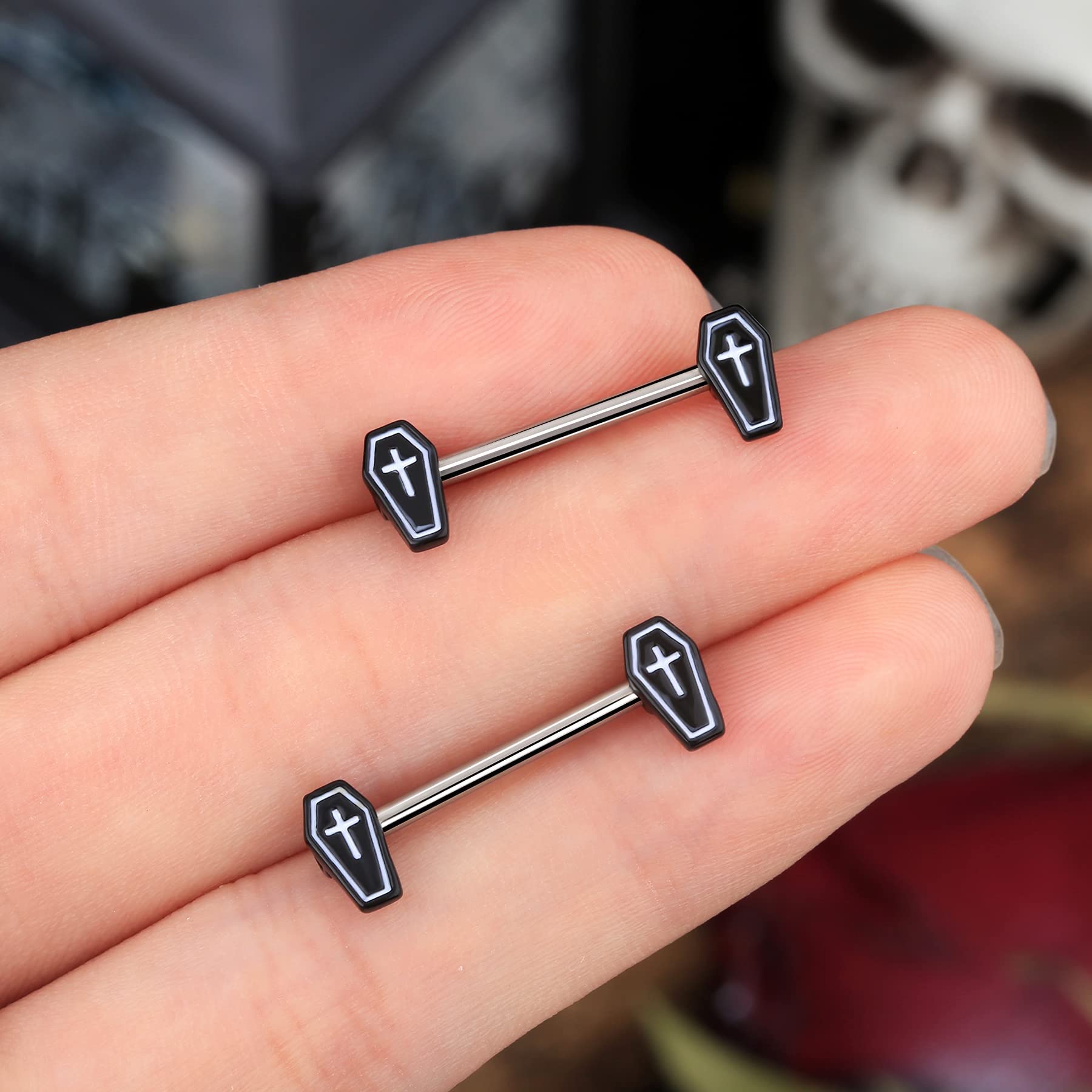 Jewseen Unique Coffin Nipple Barbell 14g Epoxy Design Nipple Ring Body Piercing Jewelry for Halloween Day