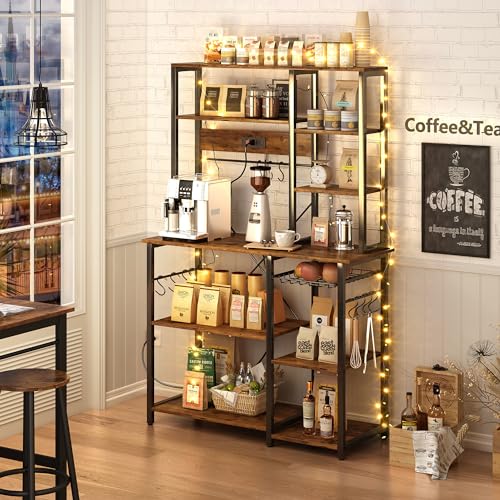 SUPERJARE Large Bakers Rack with Power Outlets, 6-Tier Microwave Stand, Coffee Bar with 12 S-Shaped Hooks, Kitchen Shelf with Wire Basket, 39.3 x 15.5 x 66.9 Inches, Rustic Brown