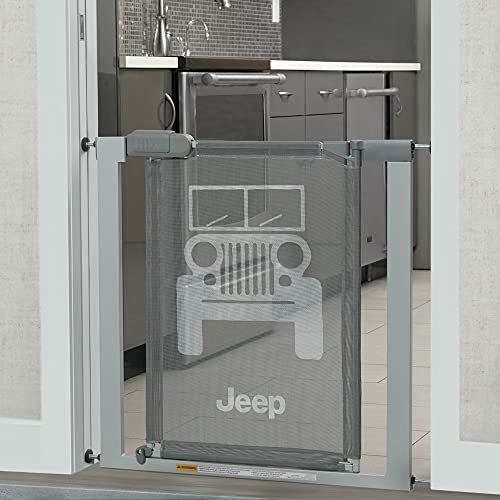 Jeep Adjustable Baby and Pet Safety Gate by Delta Children | Easy Fit | Pressure Mount | Design with WalkThrough Door โ Fits Openings Between 28.5-40 Inches Wide, Grey