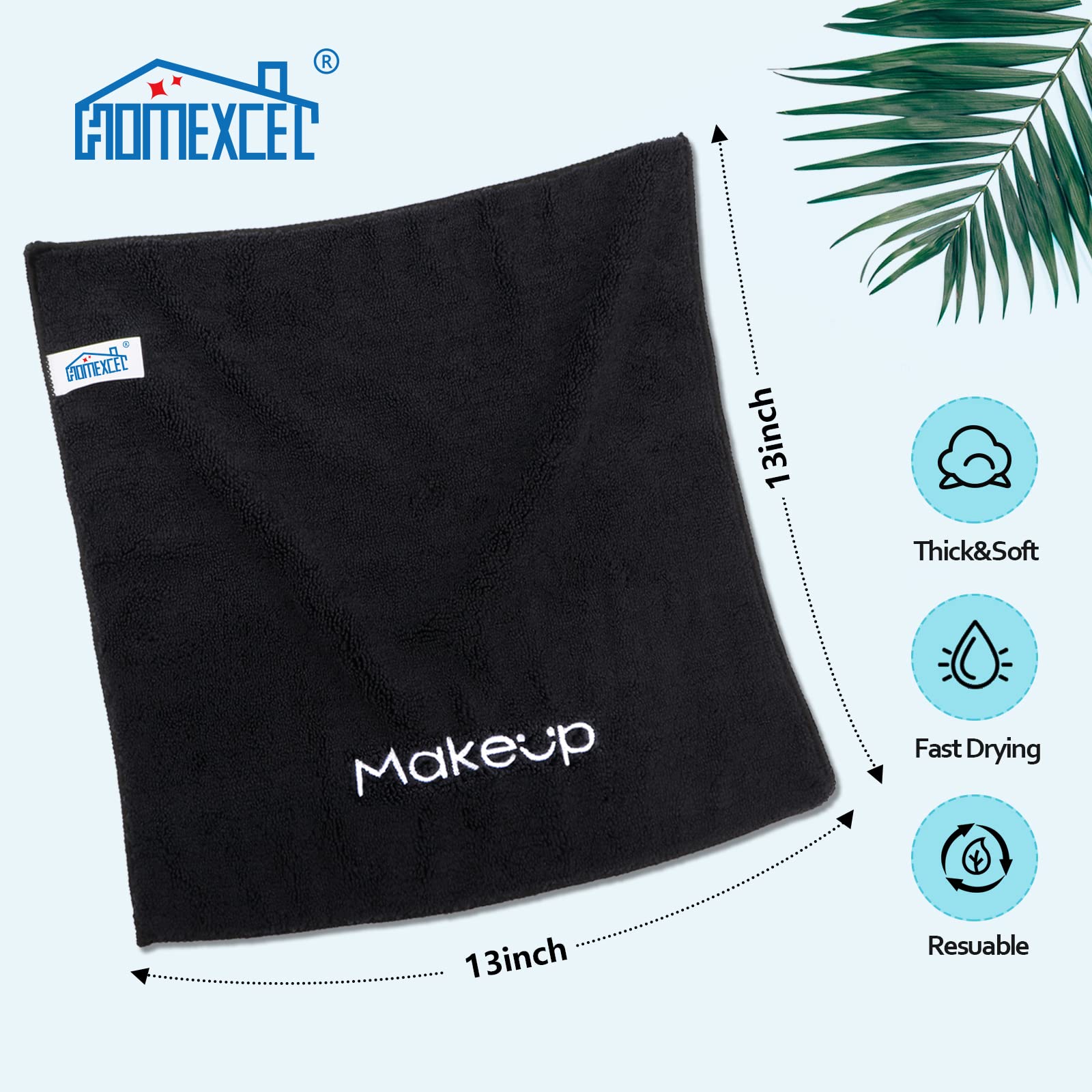 HOMEXCEL Makeup Remover Cloth 6 Pack,Premium Washable Soft 13x13 Inch Facial Cleansing Makeup Towels,Quick Dry Microfiber Face Towels Washcloths For All Skin Types,Black