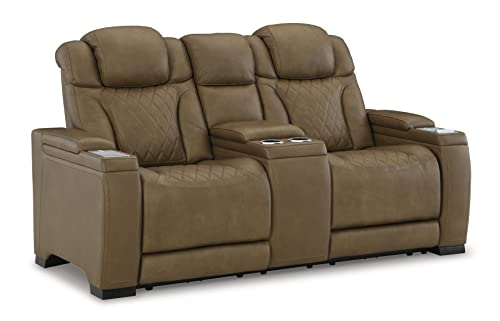 Signature Design by Ashley Strikefirst Contemporary Tufted Leather Power Reclining Loveseat with Console and Adjustable Headrest, Light Brown