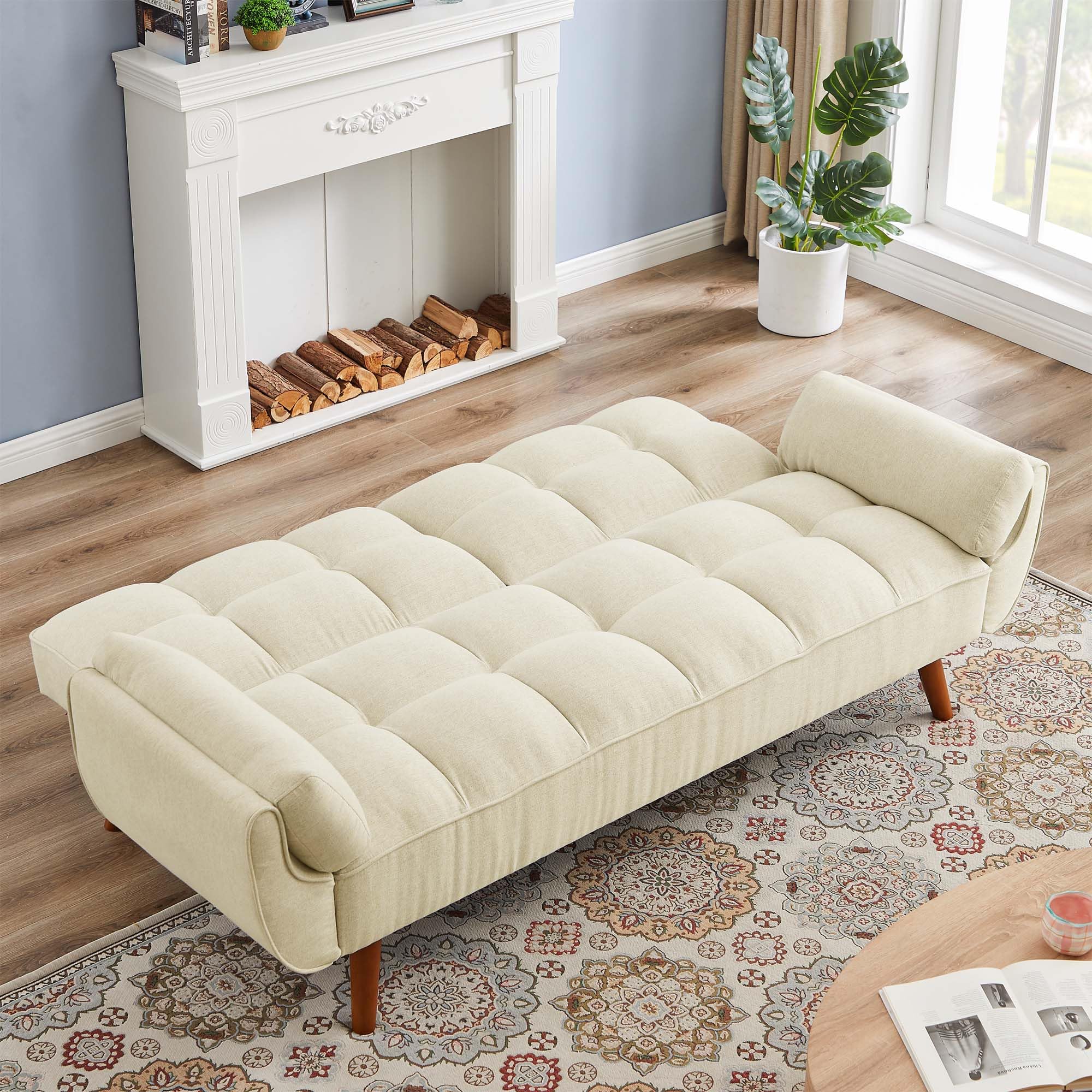 Sunkea 57'' Futon Sofa Couch Bed, Comfy Velvet Upholstered Loveseat, Convertible Sleeper Sofa Cama with Adjustable Backrest, with 2 Armrests Throw Pillow, Couches for Living Room, Beige