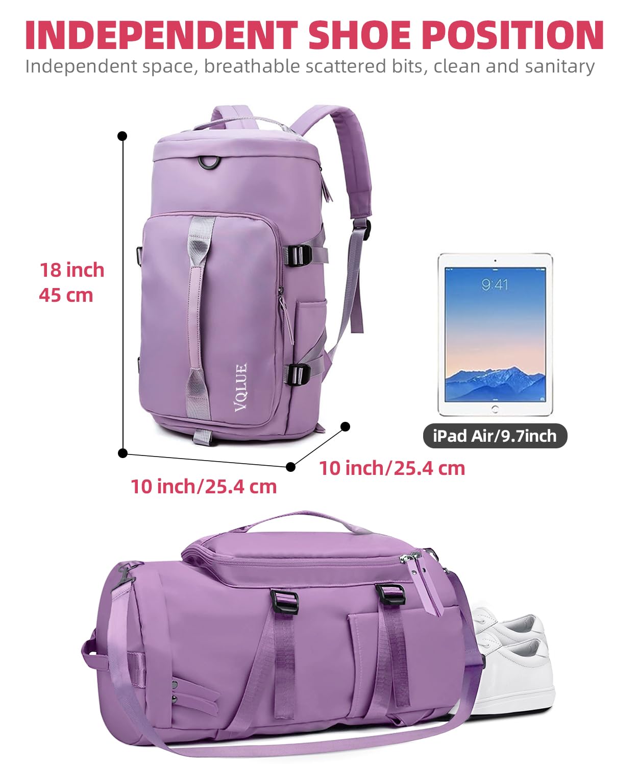 Gym Bag for Women - Sports duffel bag Travel Backpack Waterproof With Shoes Compartment Durable Weekender Overnight Bag(PURPLE)