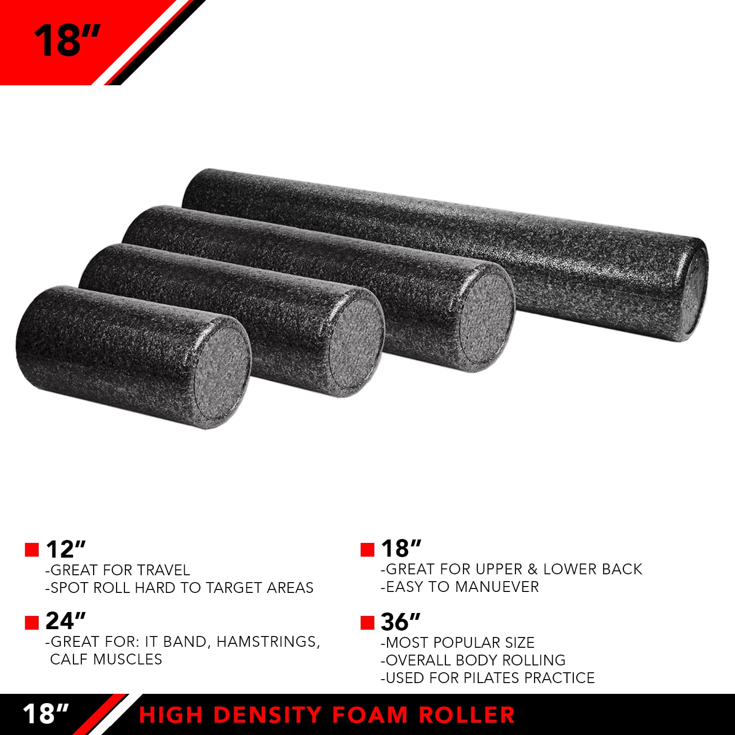 JFIT High Density Foam Roller, Black, 18-Inch