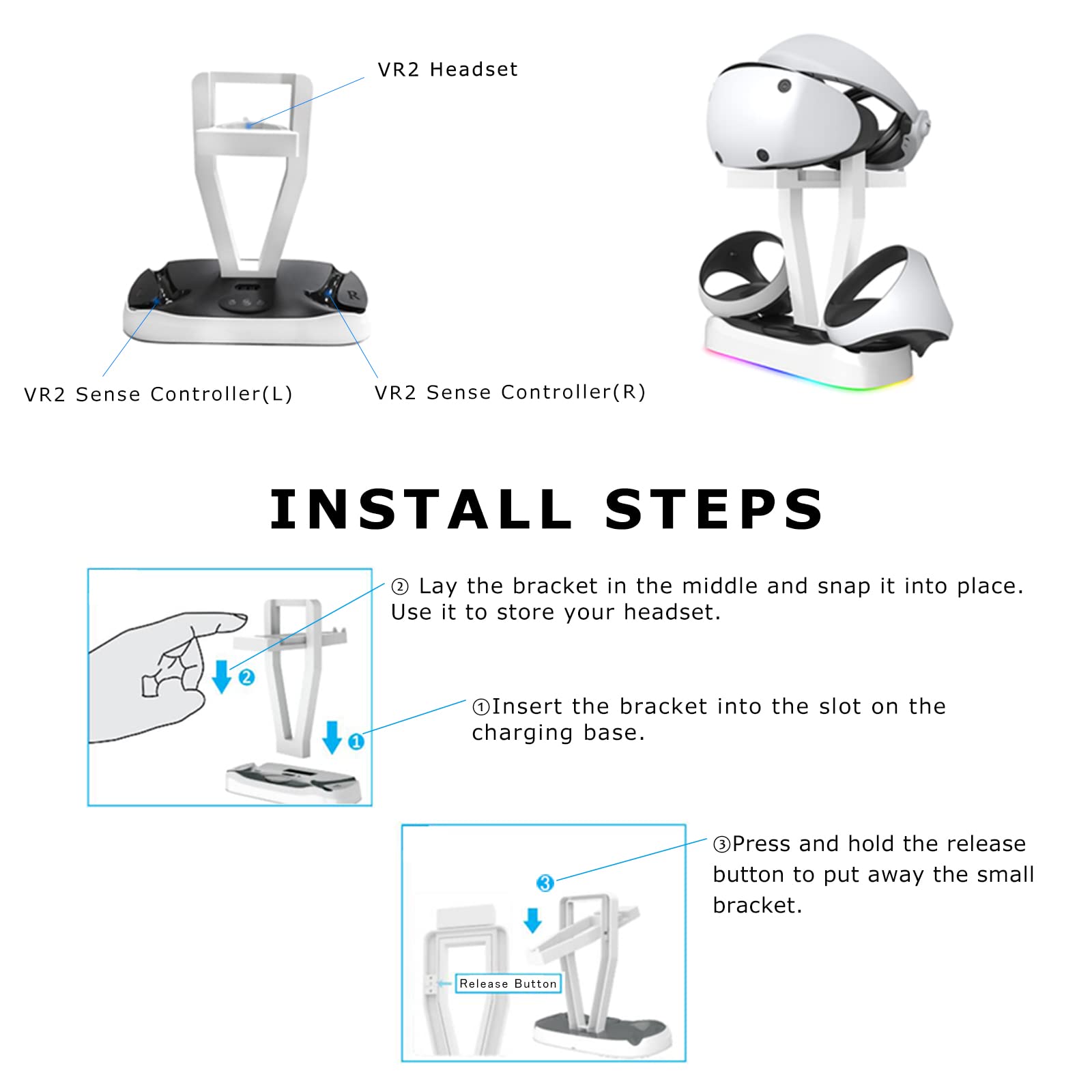 PS VR2 Charging Station Magnetic Charging Base for PS VR2 Headset Holder Storage Rack PS VR2 Controller Charging Dock Stand with RGB Color Light