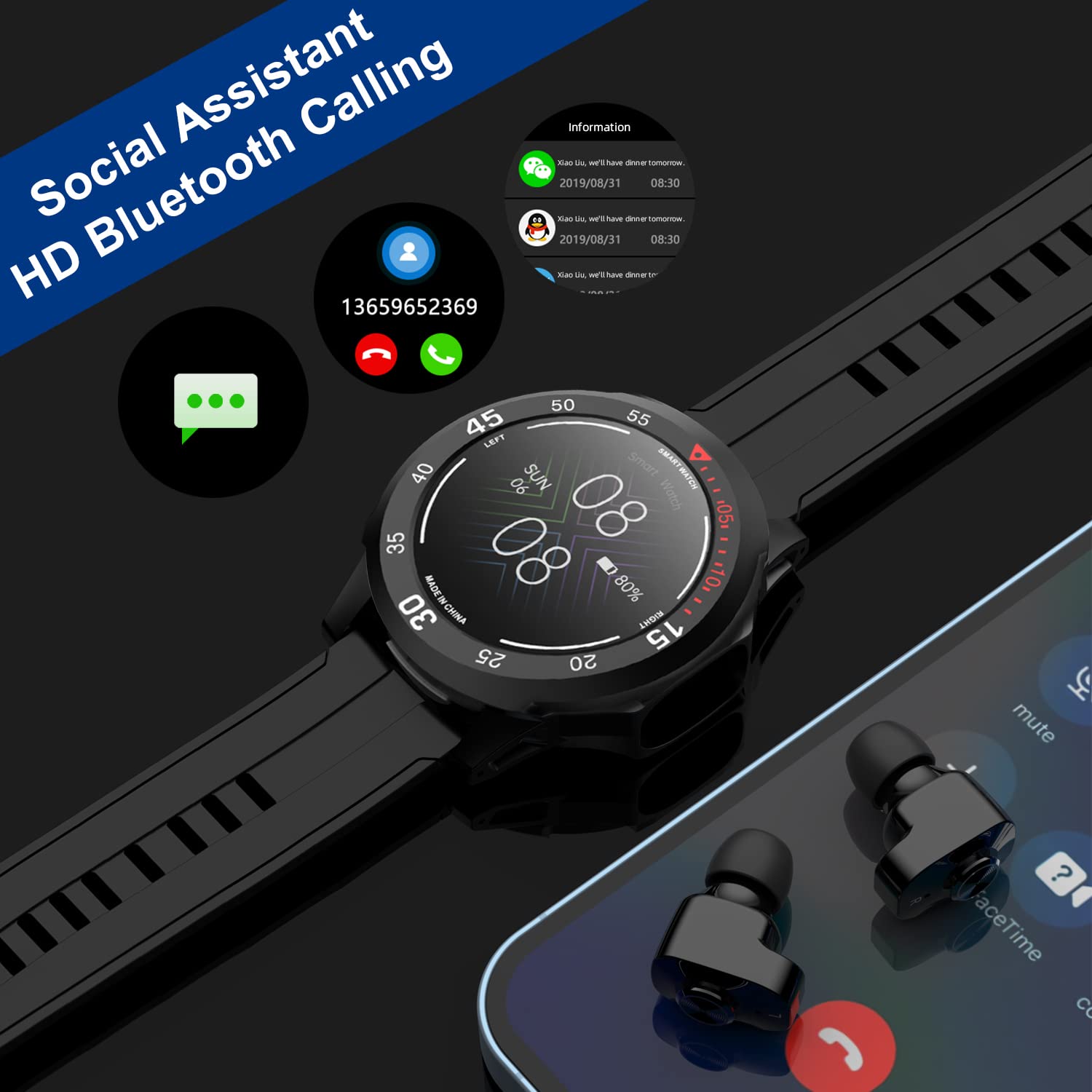 Smart Watch with Earbuds,2 in 1 Fitness Tracker with 64GB Memory 1.3 Inch Drinking Water Reminder Touch HD Screen for iPhone Samsung Android Phones