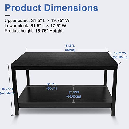 YSSOA Black 2-Tier Coffee Table with Shelf for Living Room and Office, 19.75D x 31.5W x 16.75H in