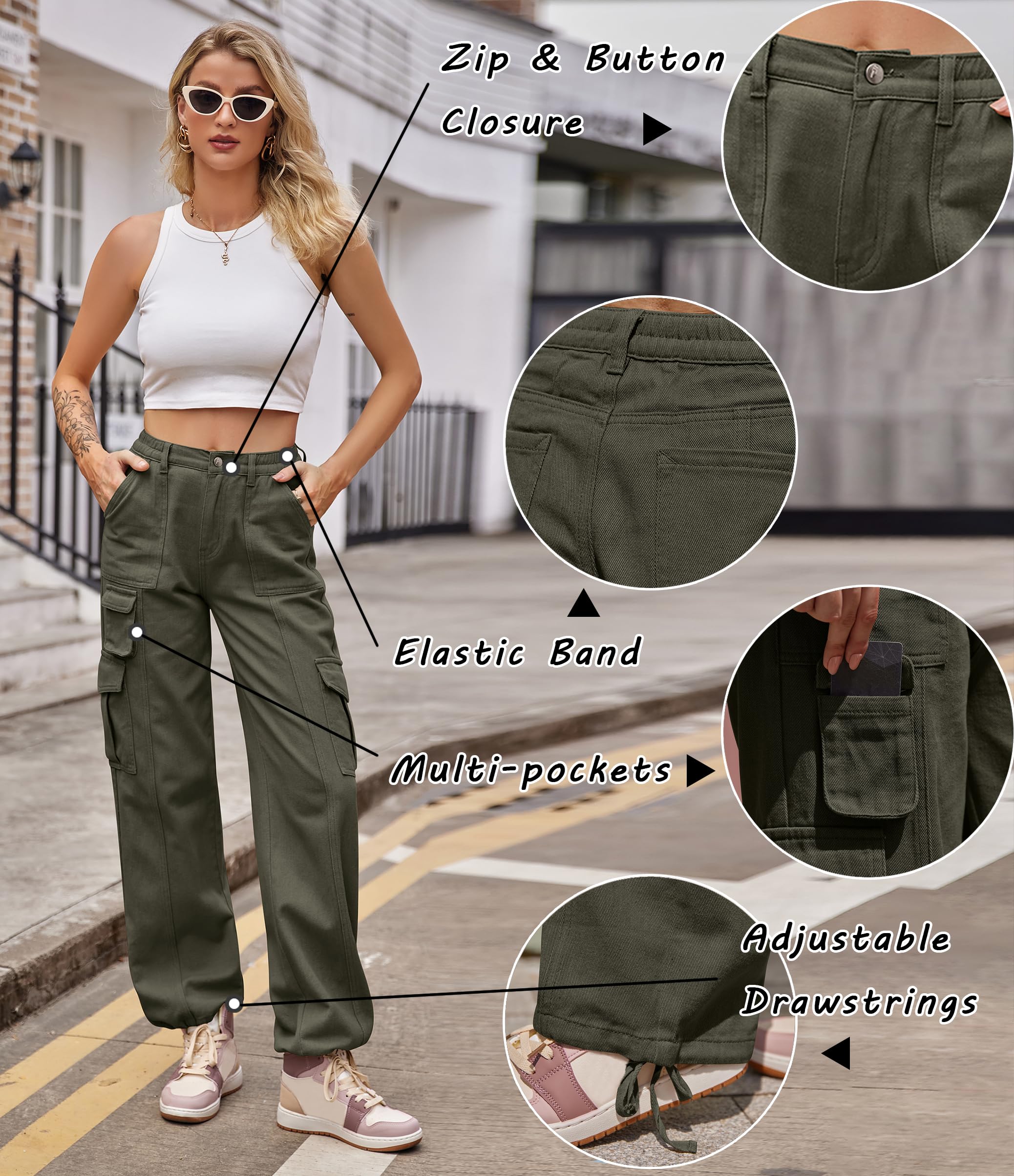 Hiistandd Women's High Waisted Cargo Pants Cotton Wide Leg Casual Pants Combat Military Work Trouser(Army Green,S)