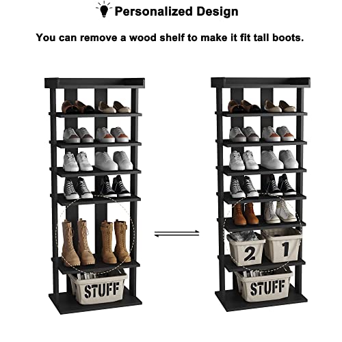 HOMEFORT 7-Tier Wood Shoe Rack, Double Rows, Black, 18" W x 11" D x 45" H