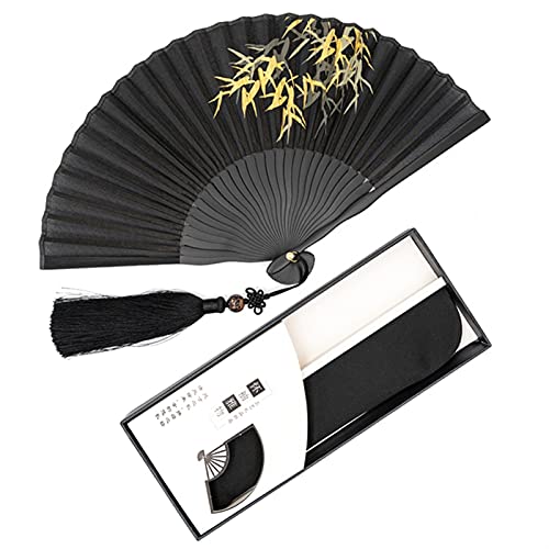 HTian Small Black Folding Fans, Chinese Bamboo Leaf Pattern Hand Fan Folded Purse Hand Fan with Fabric Sleeve and Tassel, for Women