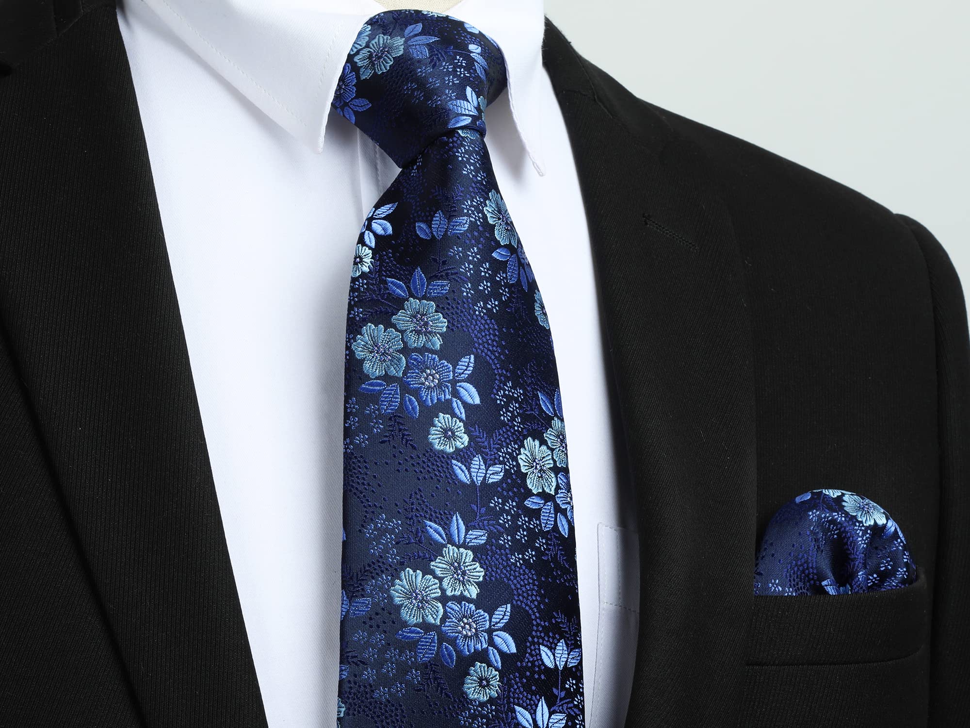 HISDERN Men's Floral Tie Handkerchief Jacquard Woven Classic Men's Necktie & Pocket Square Set,Navy Blue,8.5cm / 3.4 inches in Width