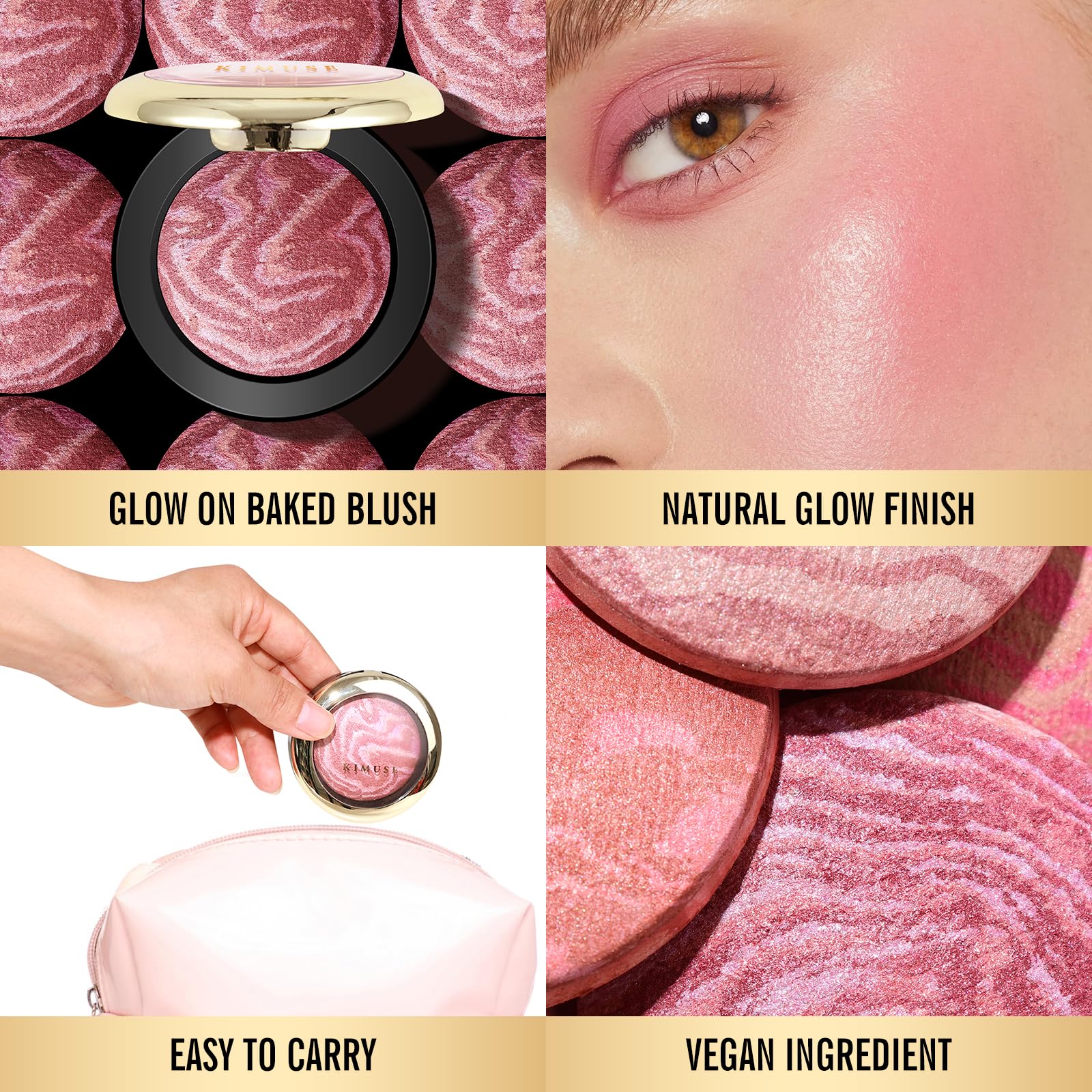 KIMUSE Baked Blush, Lighting Glow Marbleized Blush Powder Blush, Contour & Highlight Face for a Creamy Lightweight Natural Finish