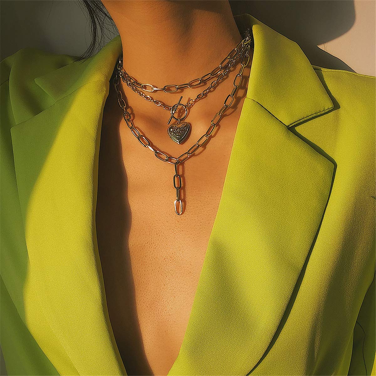 Ingemark Statement Cool Punk Chunky Chain Toggle Necklace for Women Heart Shaped Photo Locket Pendant Layered Heart Locket Necklace (Style 3 Silver)