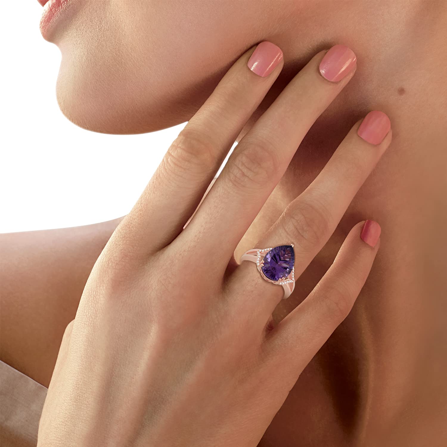 Jewelili 10K Rose Gold 14x10 MM Concave Pear Shape Amethyst and Natural White Round Diamond Accent Ring, Size 7