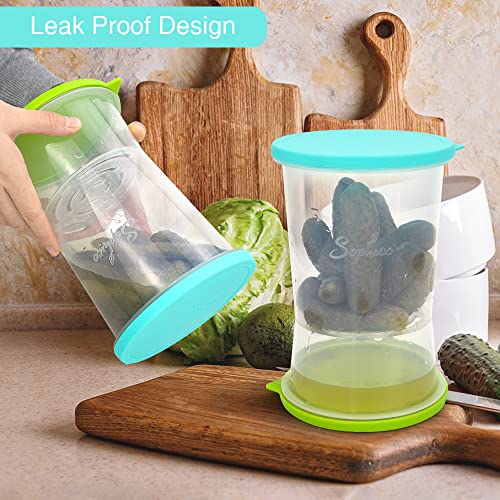 SOPHICO Pickle and Olives Jar Container with Strainer, 56oz Leak-proof Juice Separator Sieve Food Saver Storage Containers (Large Size)