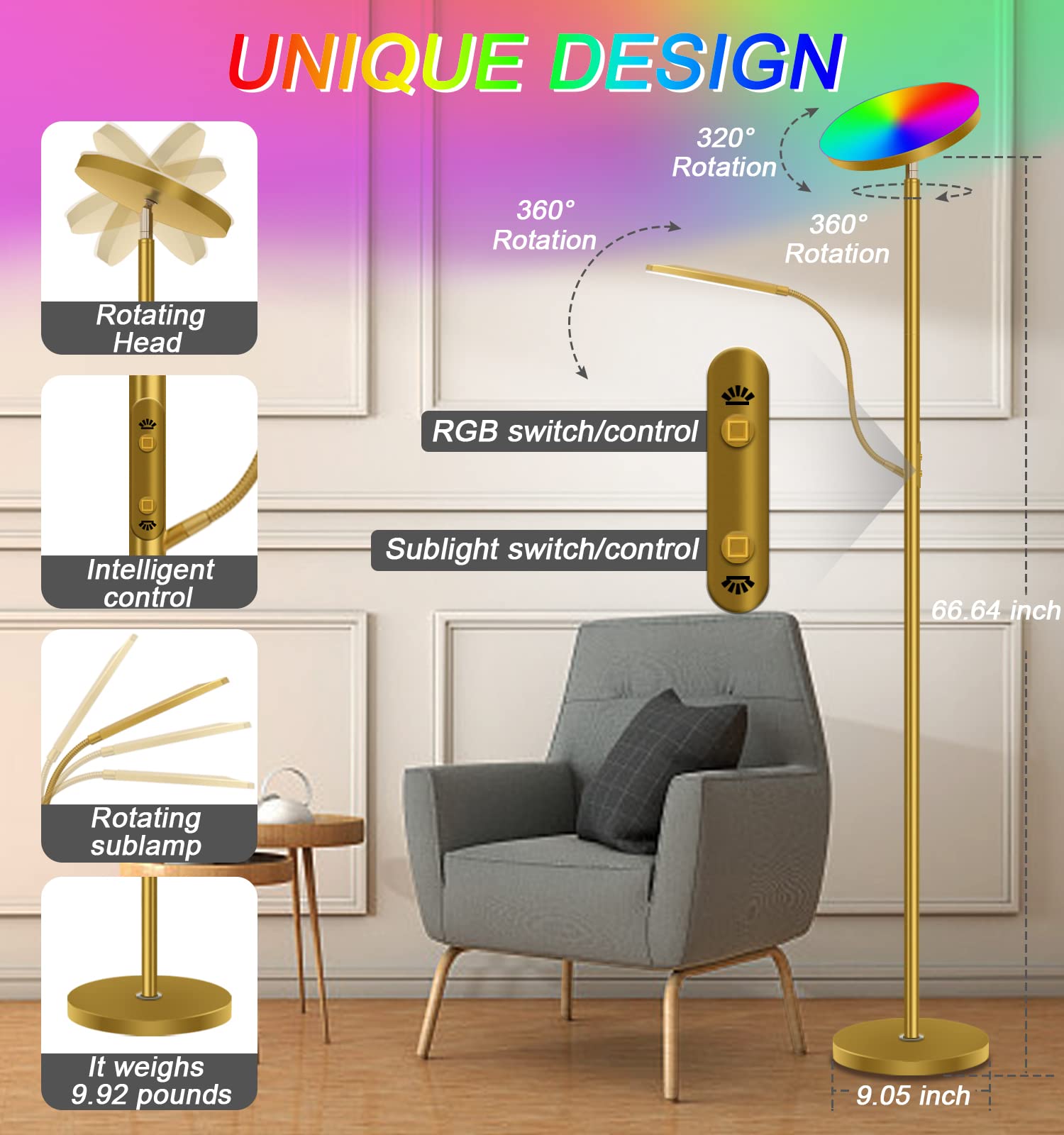 Hyskostar Gold Floor lamp,Top Sky Light and Side Reading Lamp,RGB LED Modern Super Bright Floor Lamps-Tall Standing Pole Light with Remote & Touch Control for Living Room,Bed Room,Office
