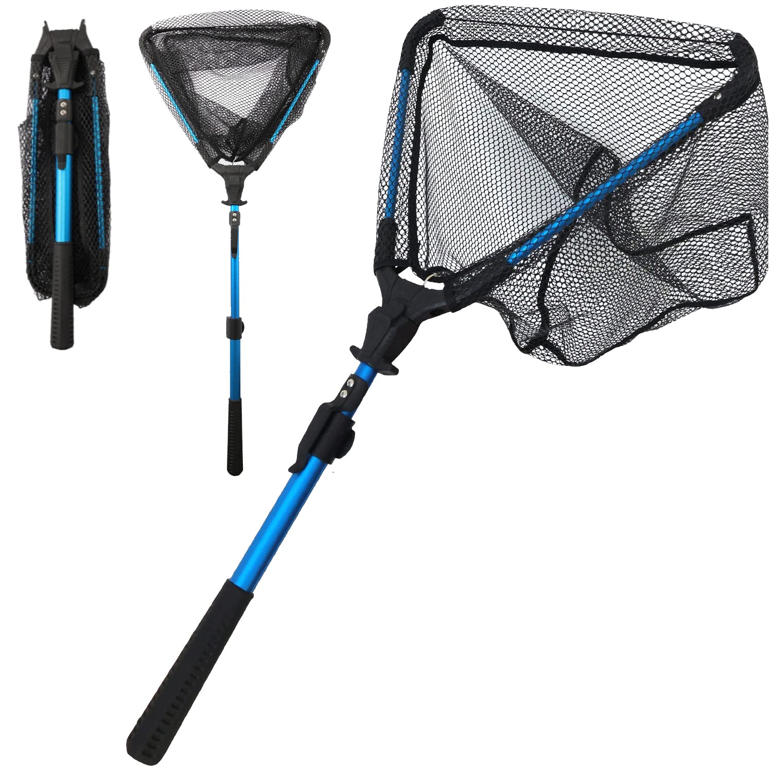 Landing Net, Foldable Extendable Fish Net, Lightweight & Portable Fly Fishing Net, Fish-Friendly Mesh for A Safe Release, blue