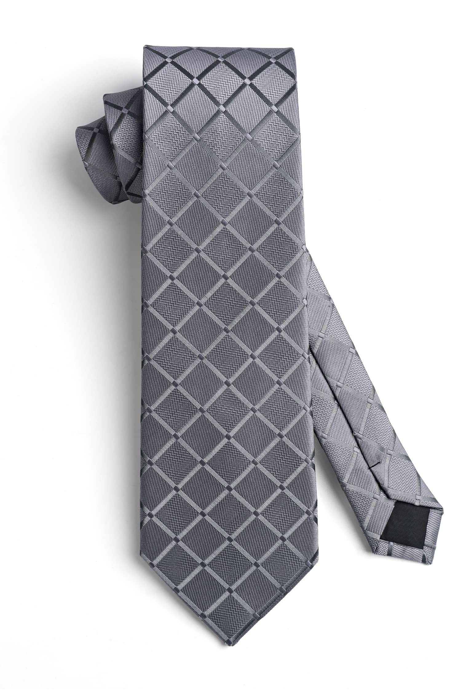 HISDERN Mens Ties for Men Grey Plaid Tie Handkerchief Classic Men's Tie with Pocket Square Set Formal Necktie Silver Gray Wedding Business Ties Set
