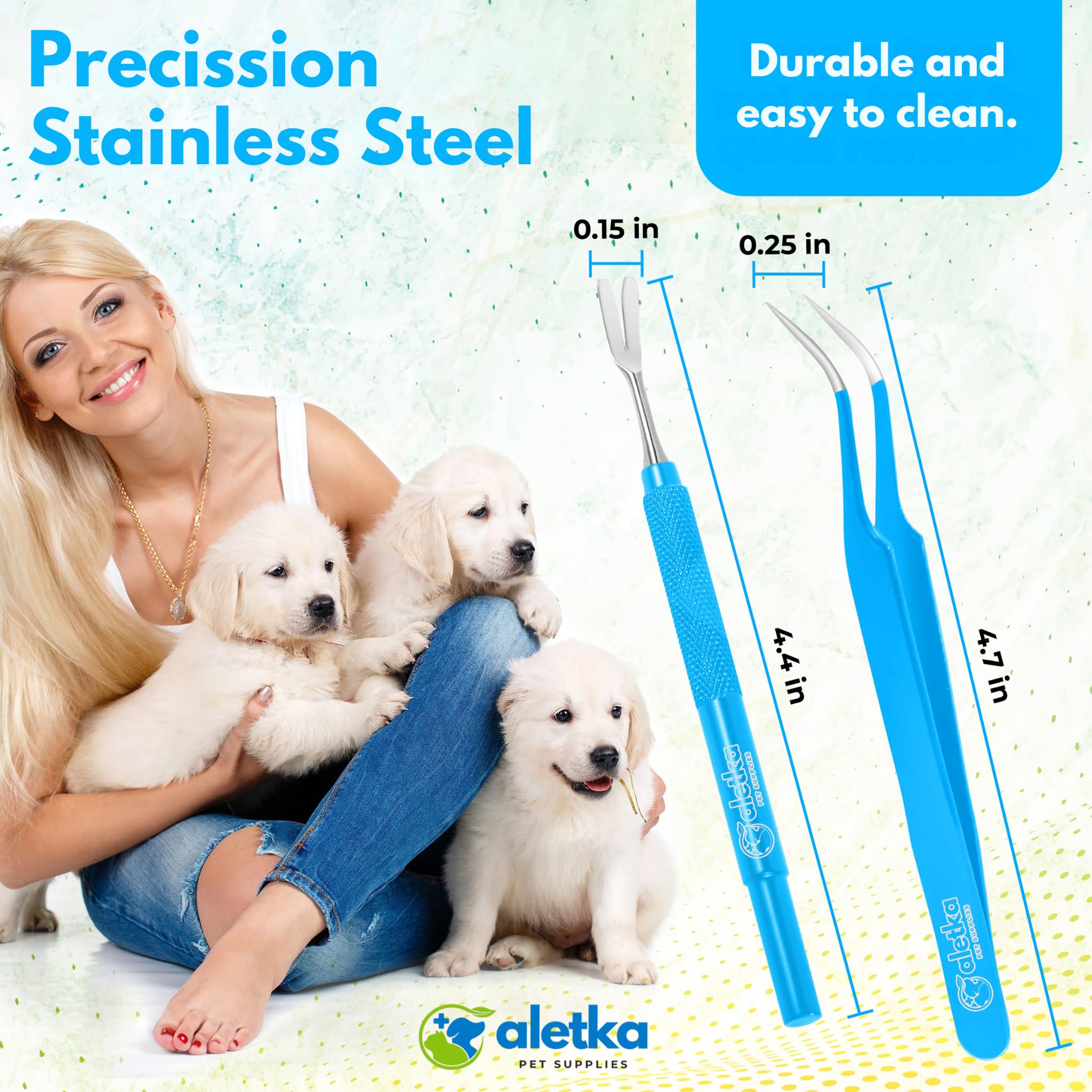 Tick Removal Tool Kit with Precision Tweezers • Dogs • Cats • Kittens • Puppies • People • Custom Design Removes Whole Tick • Durable Stainless Steel • Dishwasher Safe • Easy Use • Hiking • Gift Idea