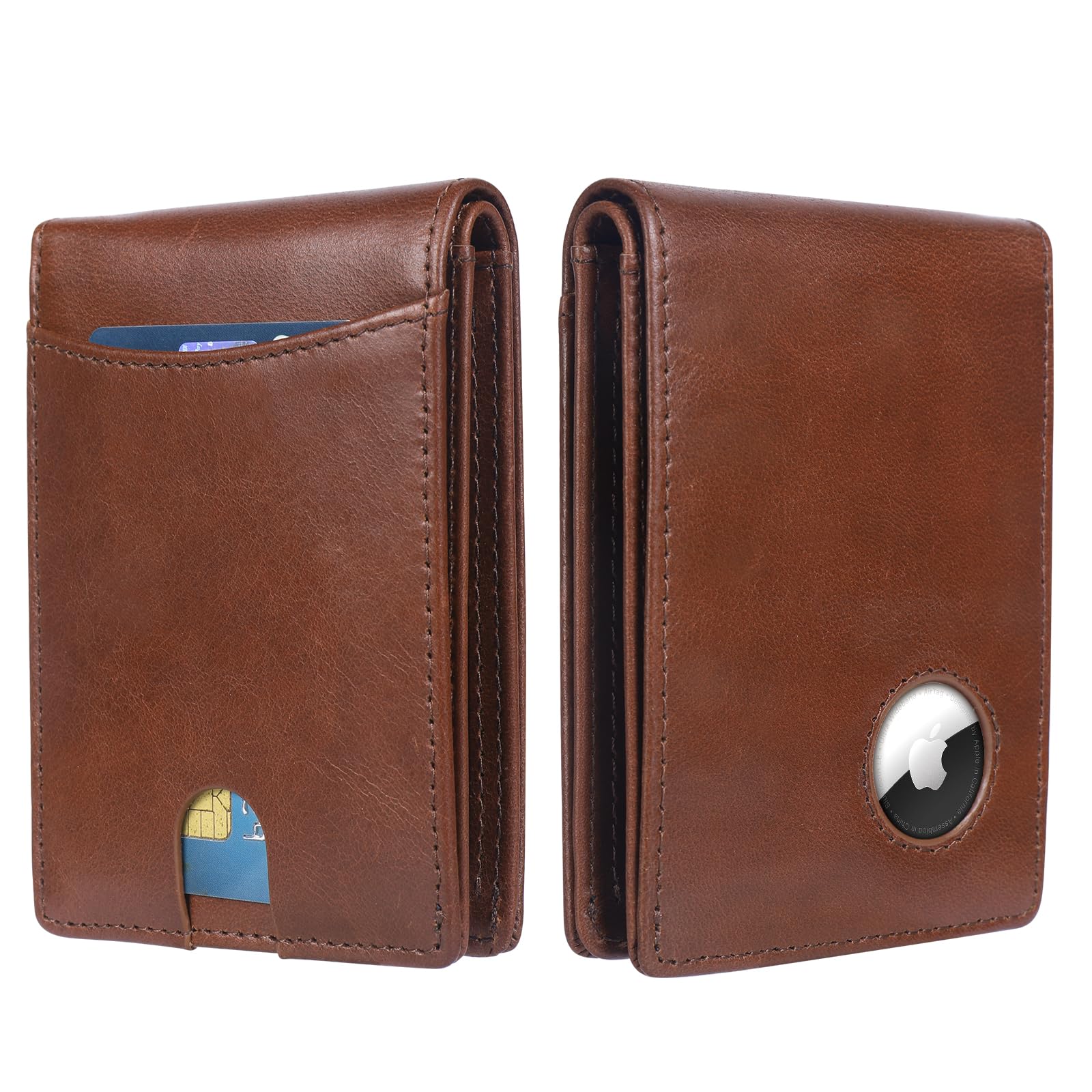 HLHGR Wallet with Airtag Holder,AirTag Wallet Men Genuine Leather Billfold RFID Blocking Wallet for Apple Air tag Brown (Airtag Not included
