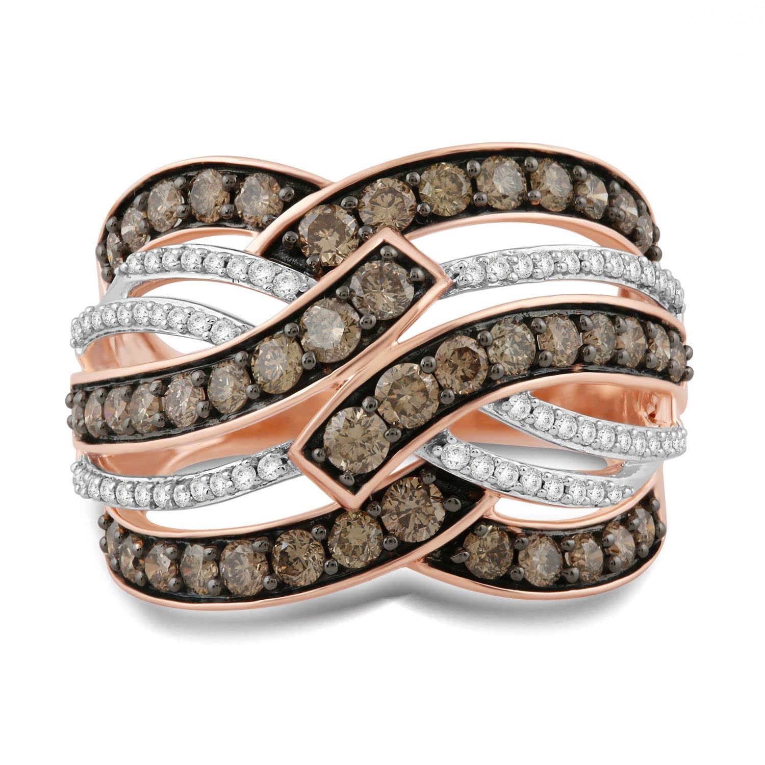 Jewelili 10K Rose Gold 1 1/2 Cttw Natural Champagne and White Round Diamonds Crossover Ring, Size 7