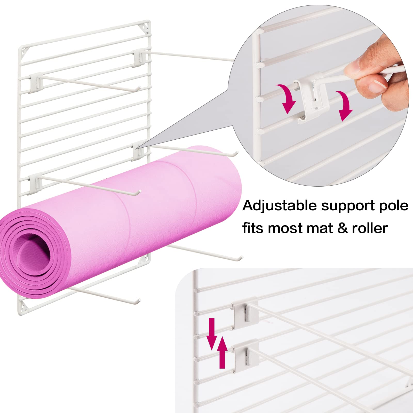 JIAMI HOME Yoga Mat Rack Wall Mount Foam Roller Storage Gym Organizer Yoga Mats Holder Yoga Mat Organizers and Storage Metal Grid Hooks Adjustable